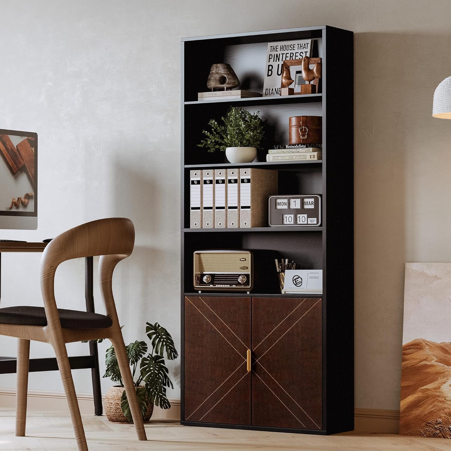 Book Shelf and Bookcase with Leather Doors, 70" Tall Bookshelf, 6 Tier ...