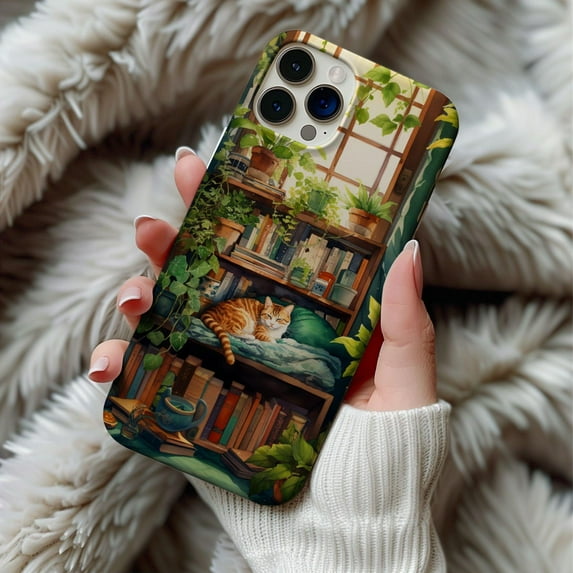 Book Shelf with House Plants for a Cat and Book Lover Phone Case with ...