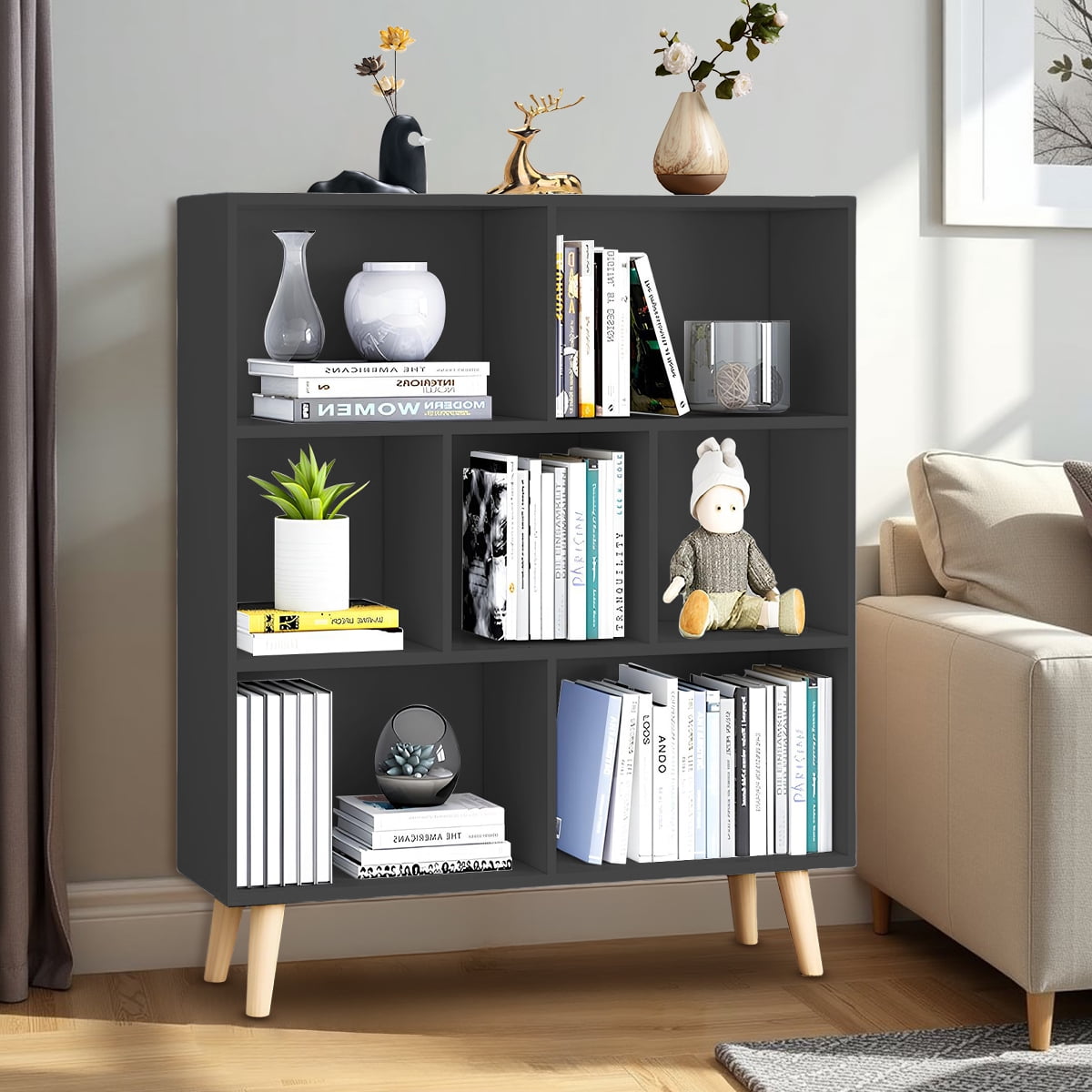 MONEHANE 7-Cube Freestanding Open Bookcase, 3-Tier Modern Bookshelf ...