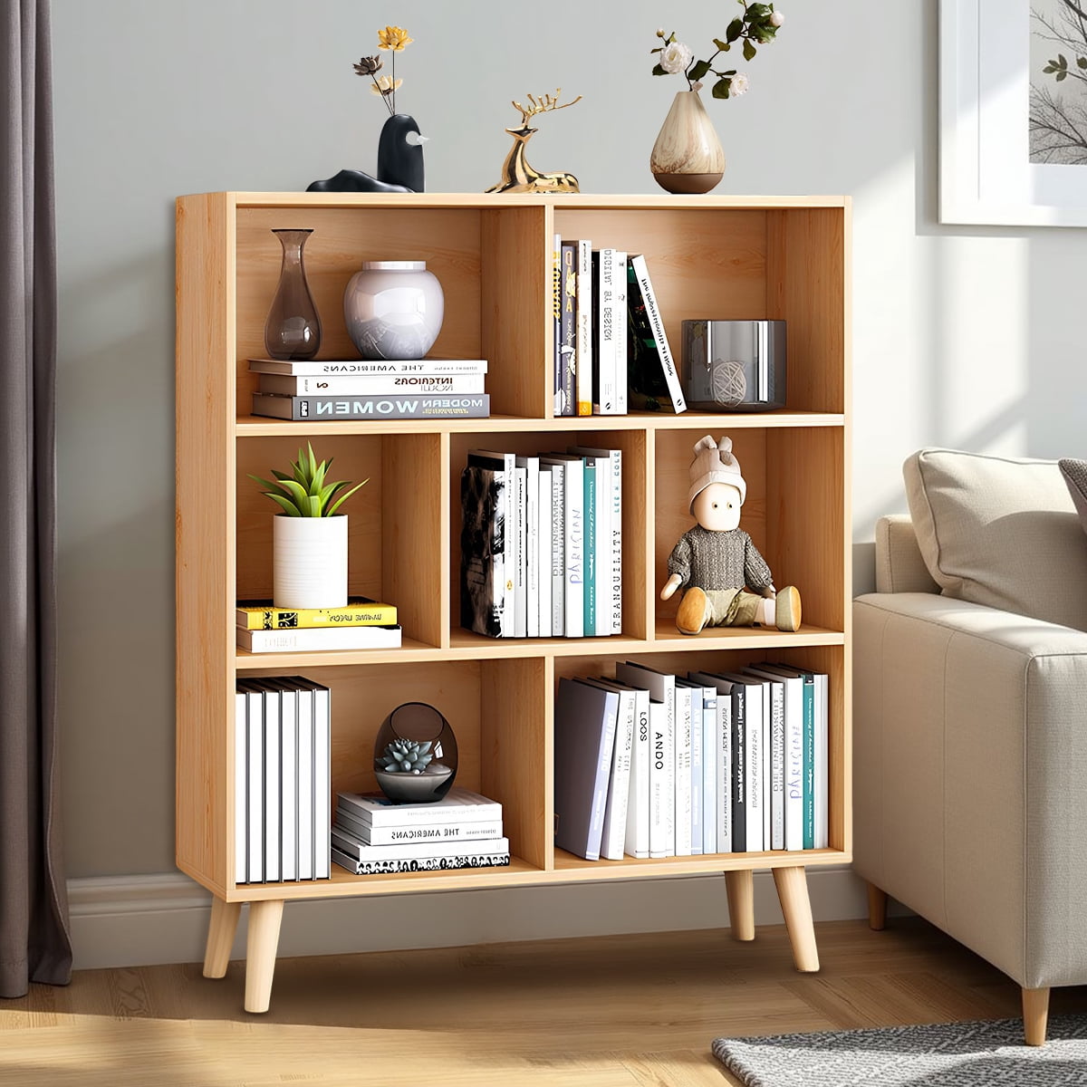 MONEHANE 7-Cube Freestanding Open Bookcase, 3-Tier Modern Bookshelf ...