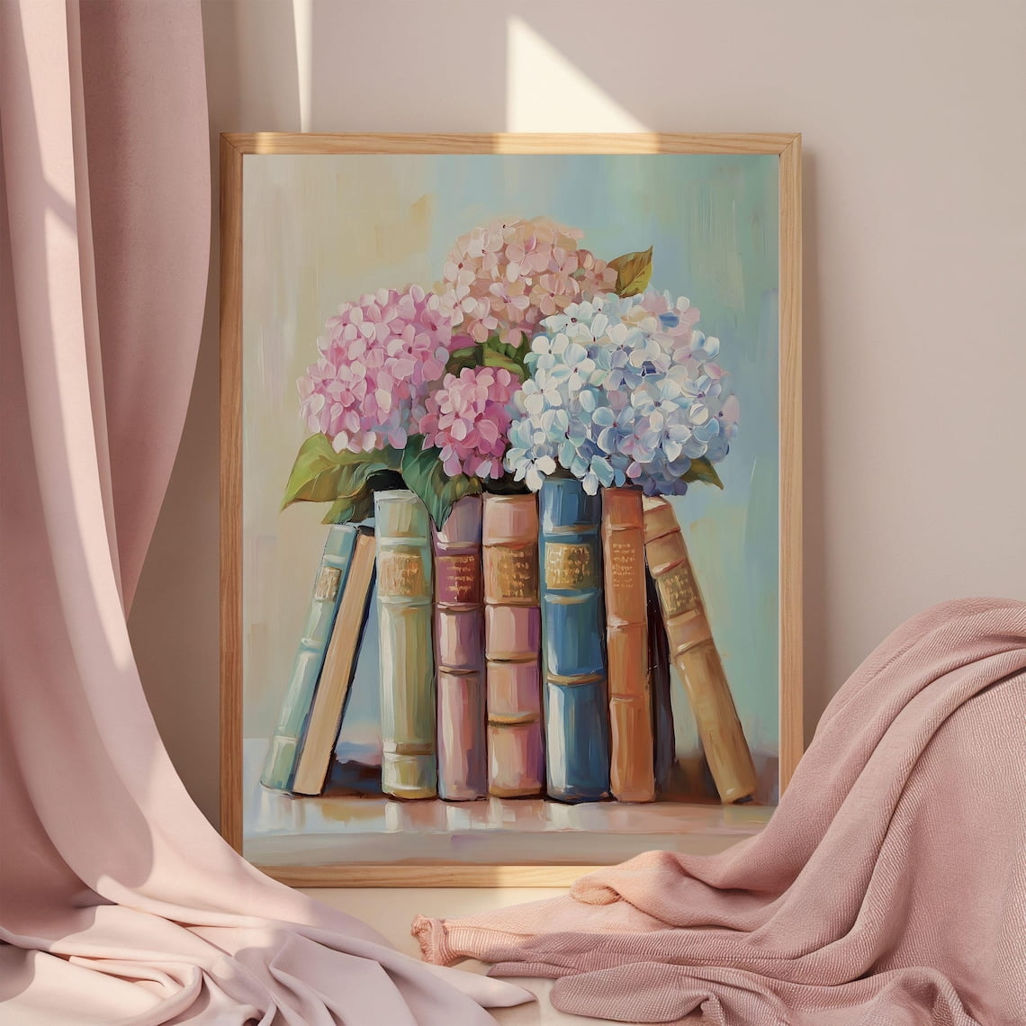 Book Stack Art, Books and Hydrangea Flowers Poster Rustic Spring Art ...