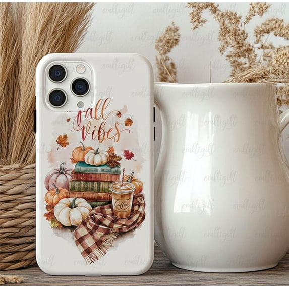 Book Stack Fall Vibes Phone Case Compatible with iPhone 11 to 16 Aesthetic Pumpkin Collage Art ...