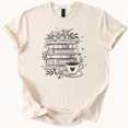 Book Stack Floral Graphic Tee Coffee Lover Reading Shirt Bookworm Size ...