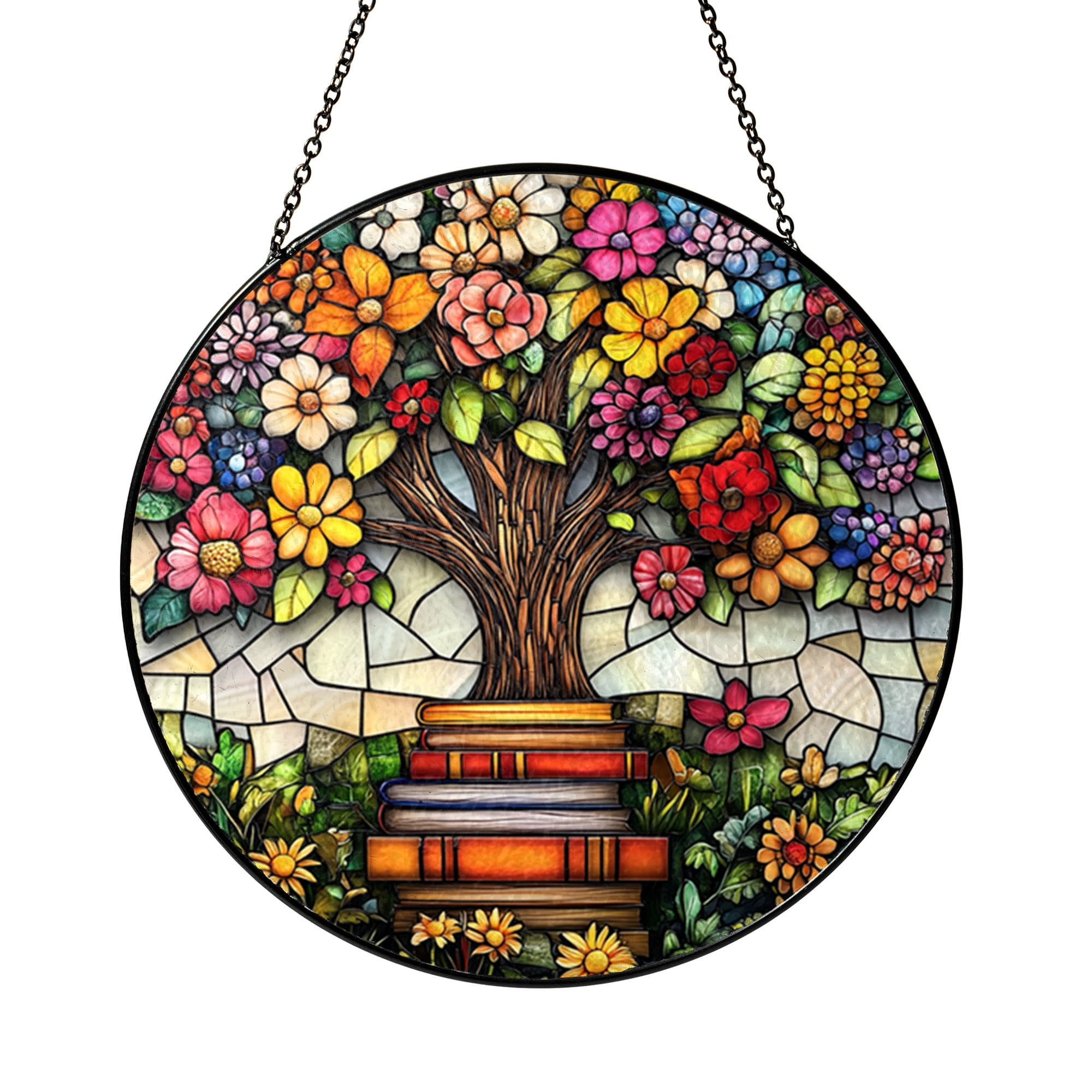 Book Stack Floral Stained Glass Suncatcher, Bookworm Window Art ...