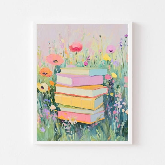 Book Stack In Flowers Painting Floral Reading Nook Wall Art Print ...
