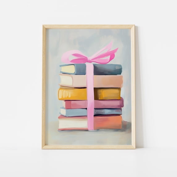 Book Stack Pastel Book Pink Ribbon Wrapped Literary Poster Art ...