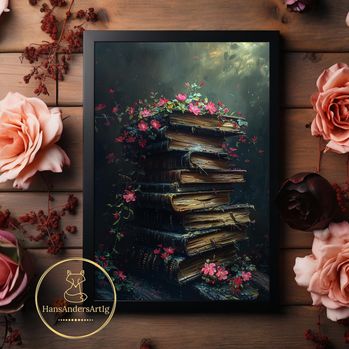 Book Stack Pink Flower Painting Poster Vintage Style Book Lover Gift ...
