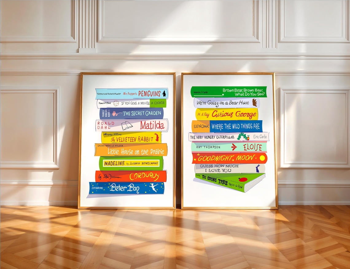 Book Stack School Library Art Classroom Wall Decor Set 2 Unframed Paper ...