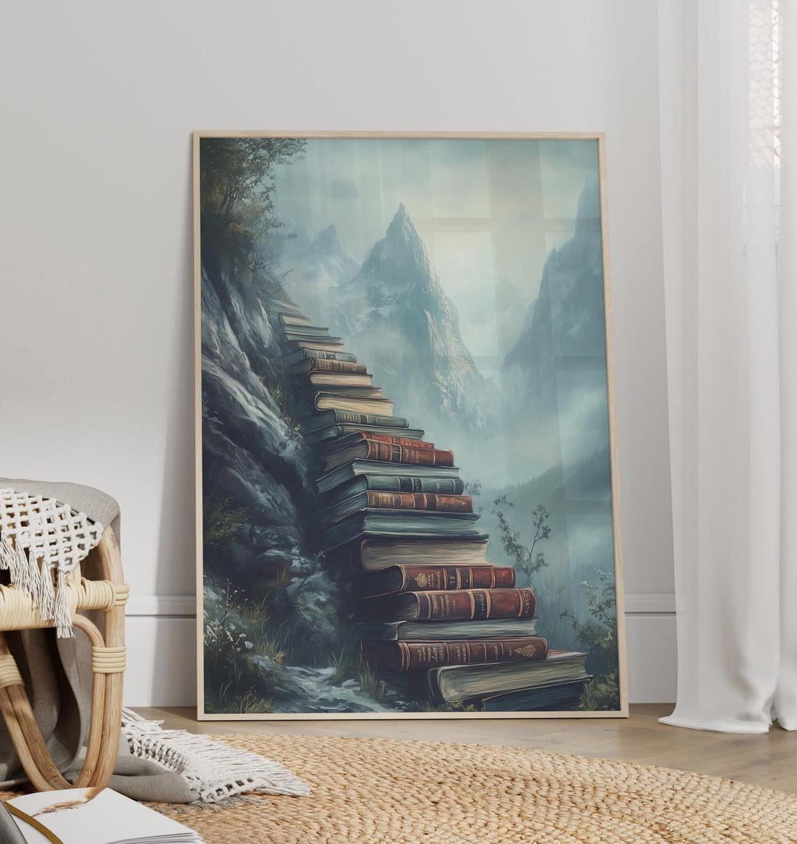 Book Stairway Mountain Wall Art Surreal Dark Academia Decor, Stretched ...