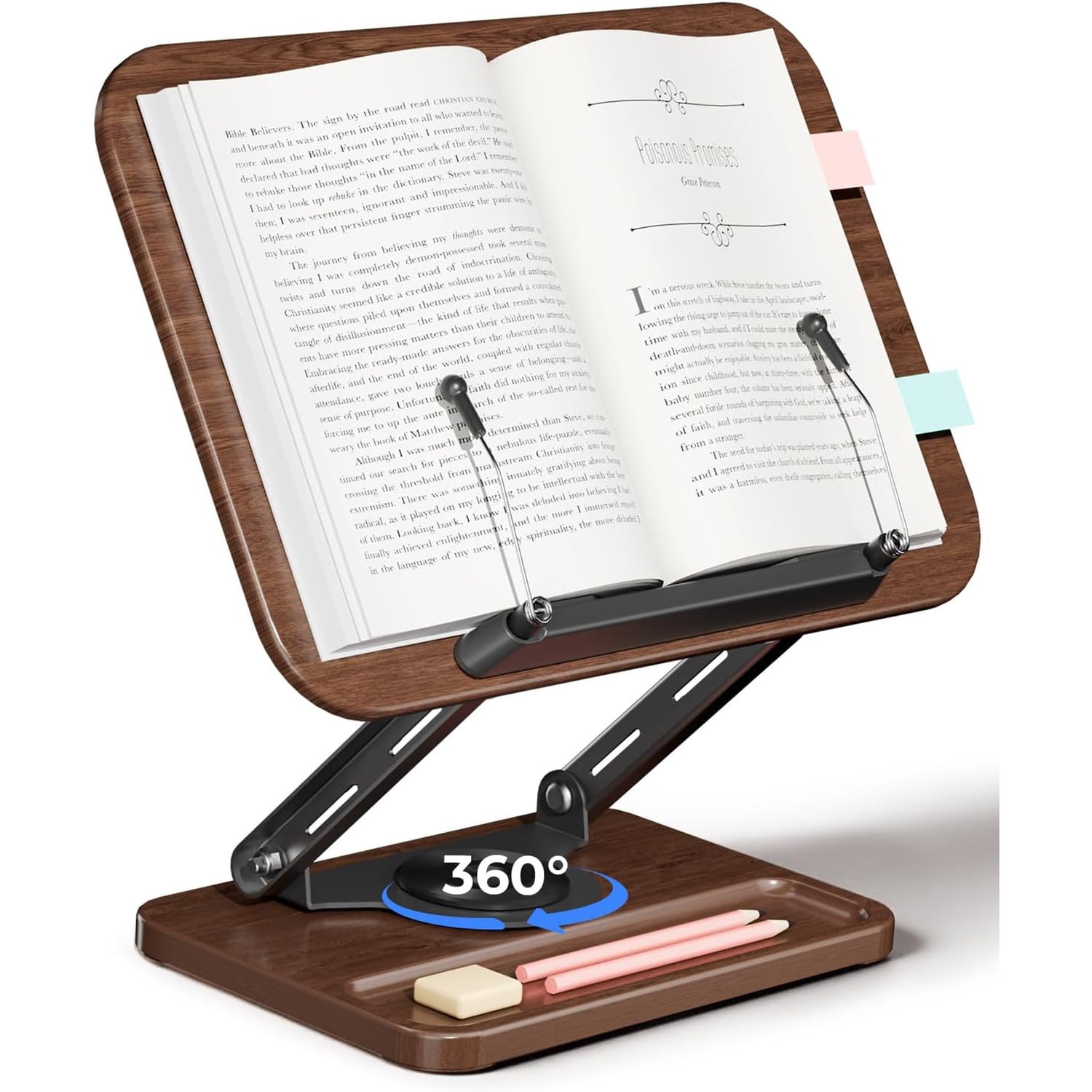 Book Stand for Reading, Book Holder 360° Rotating Base with Pen Slot ...