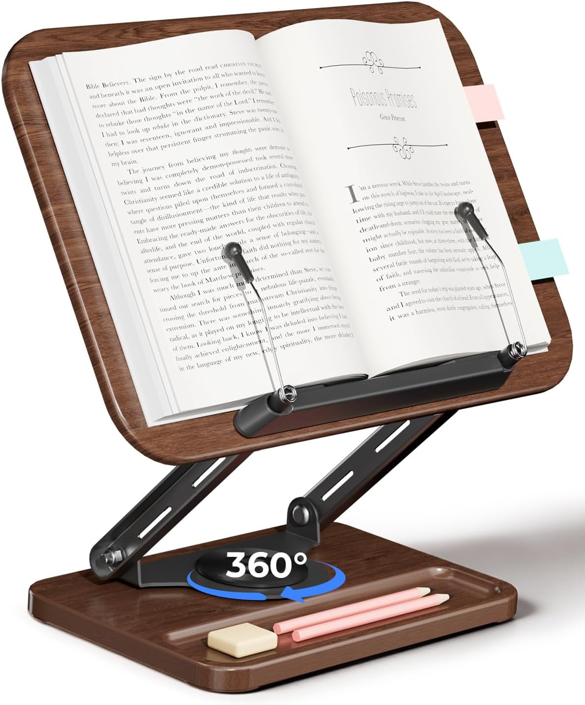 Book Stand for Reading, Book Holder 360° Rotating Base with Pen Slot ...