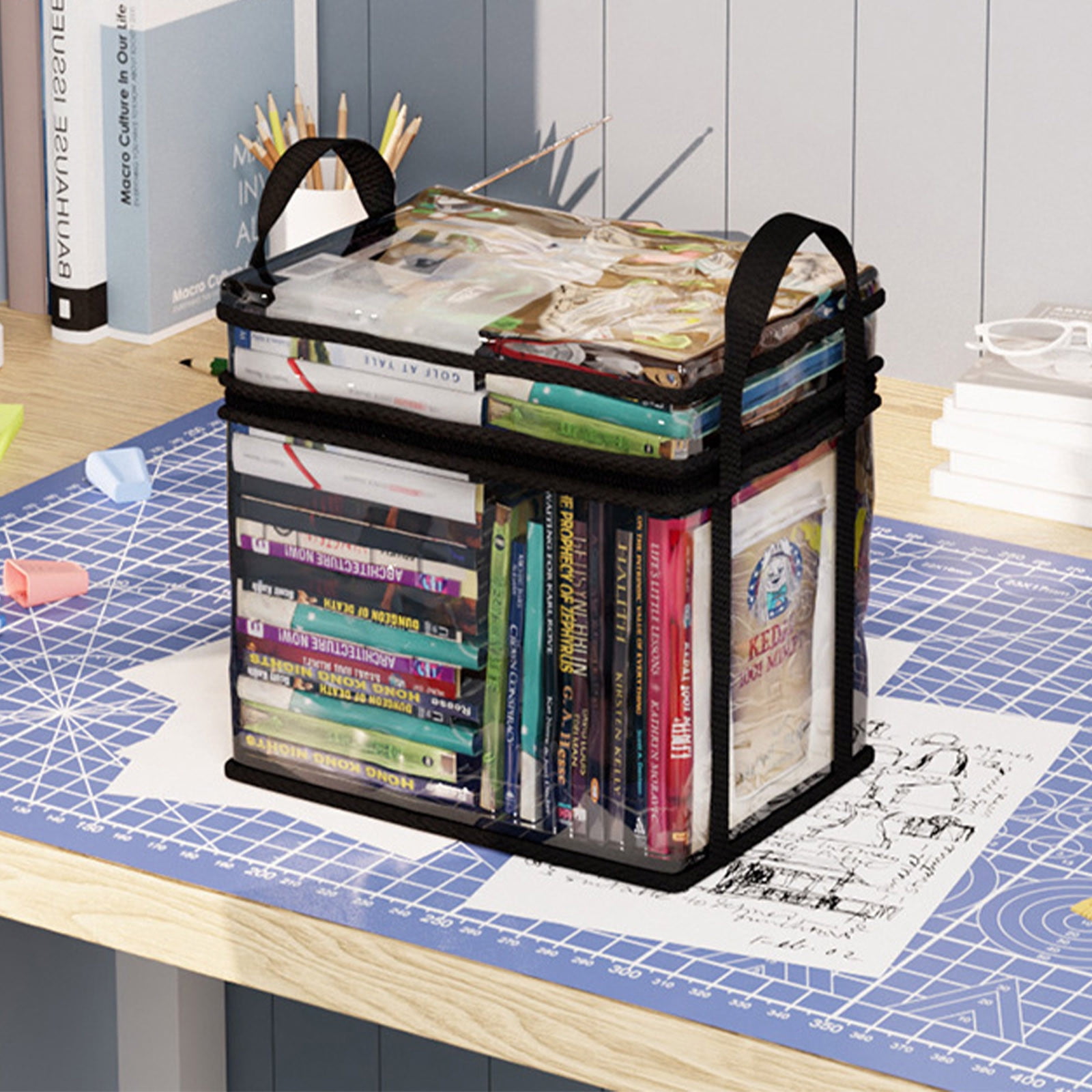 Book Storage Bag, Transparent Foldable Organizing Box, Handheld ...