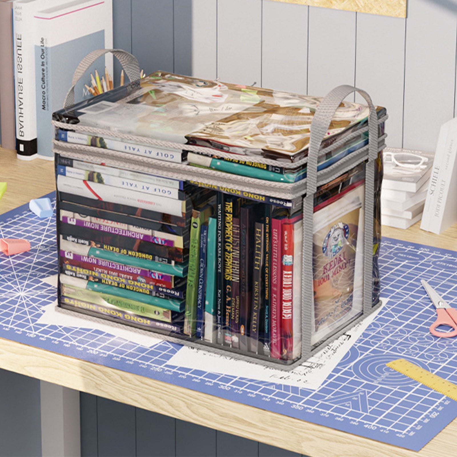 Book Storage Bag, Transparent Foldable Organizing Box, Handheld ...
