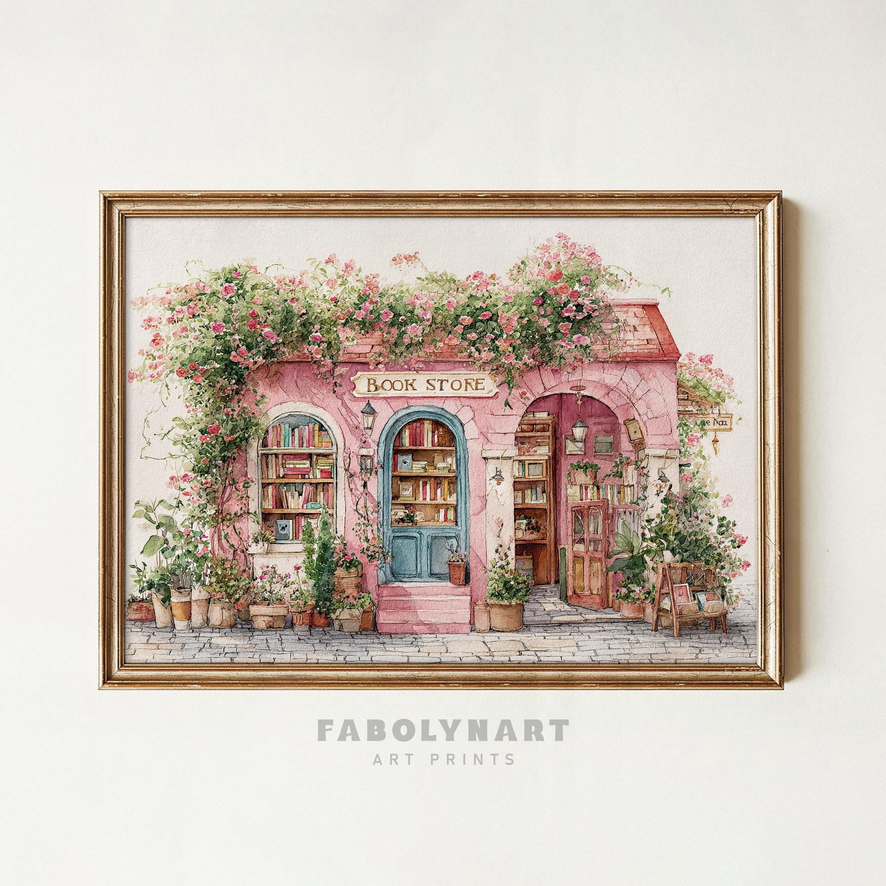 Book Store Front Wall Art Print, Pastel Pink Bookshop Painting ...