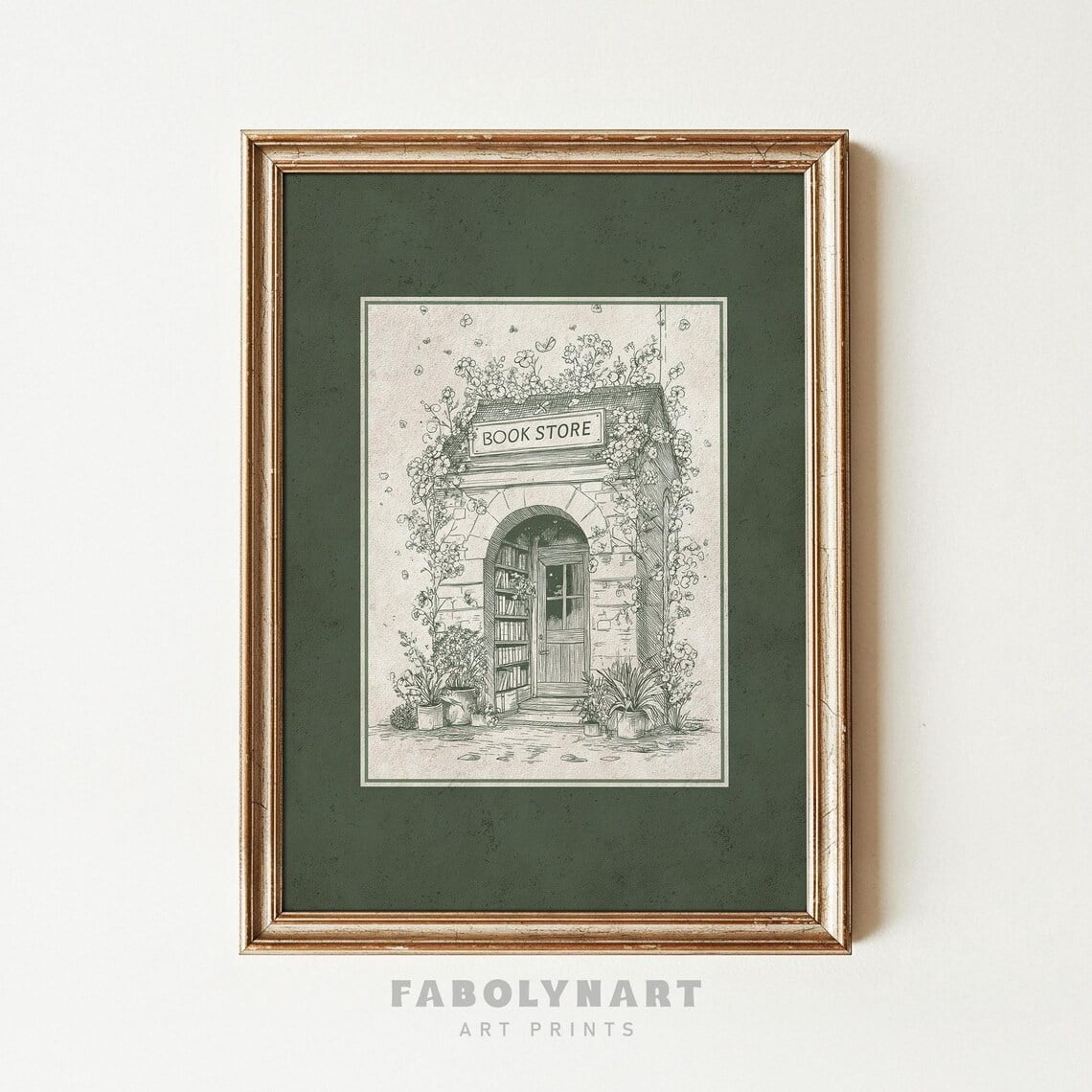 Book Store Sketch Wall Art Bookshop Front Floral Library Decor ...