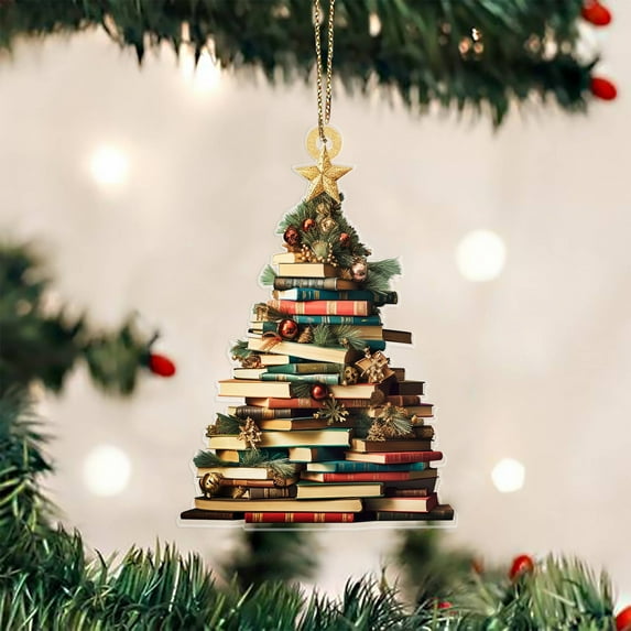 Book Tree Christmas Ornament, 2025 Bookworm Christmas Ornaments 2D Flat ...