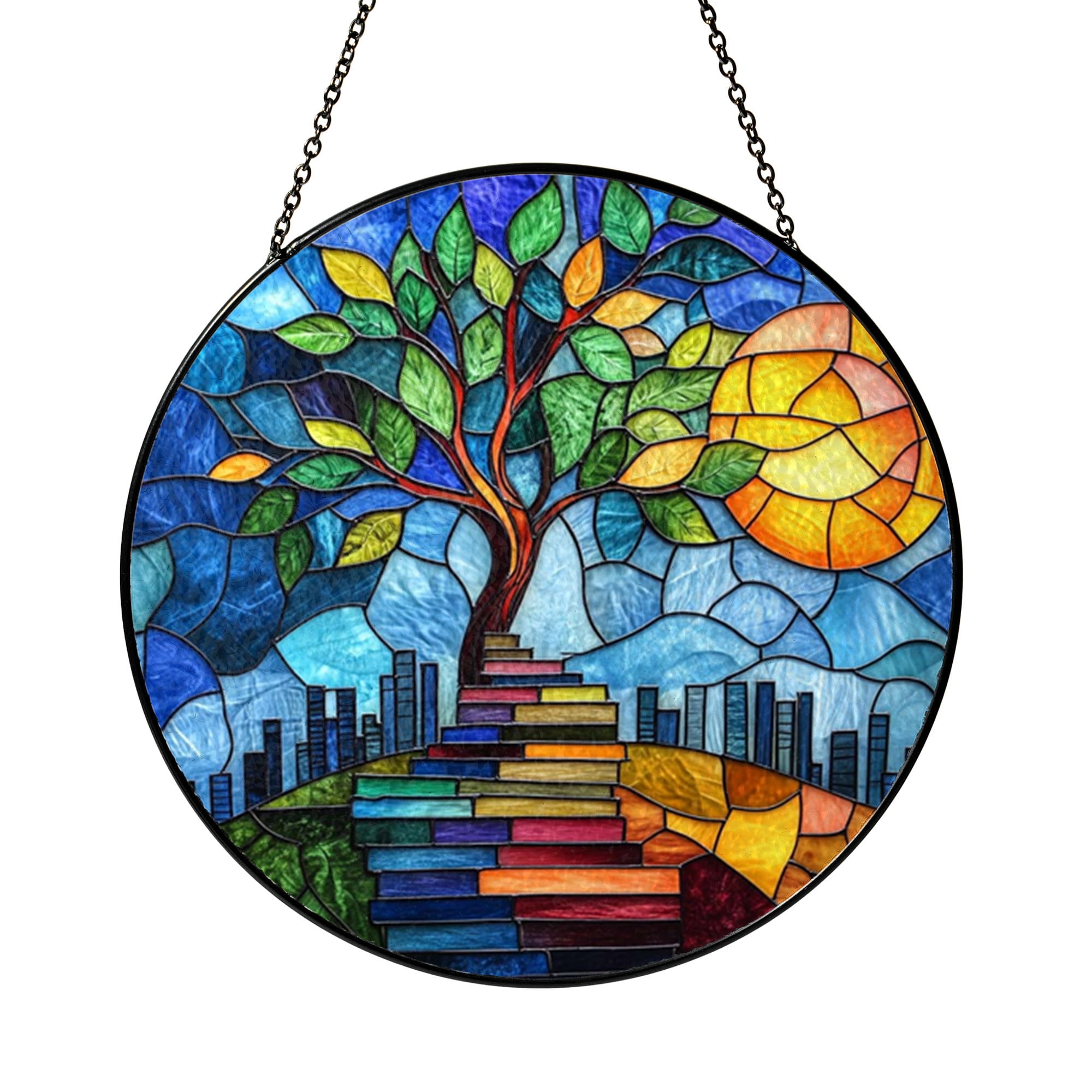 Book Tree Round Suncatcher Stained Glass Style Reading Window Decor ...