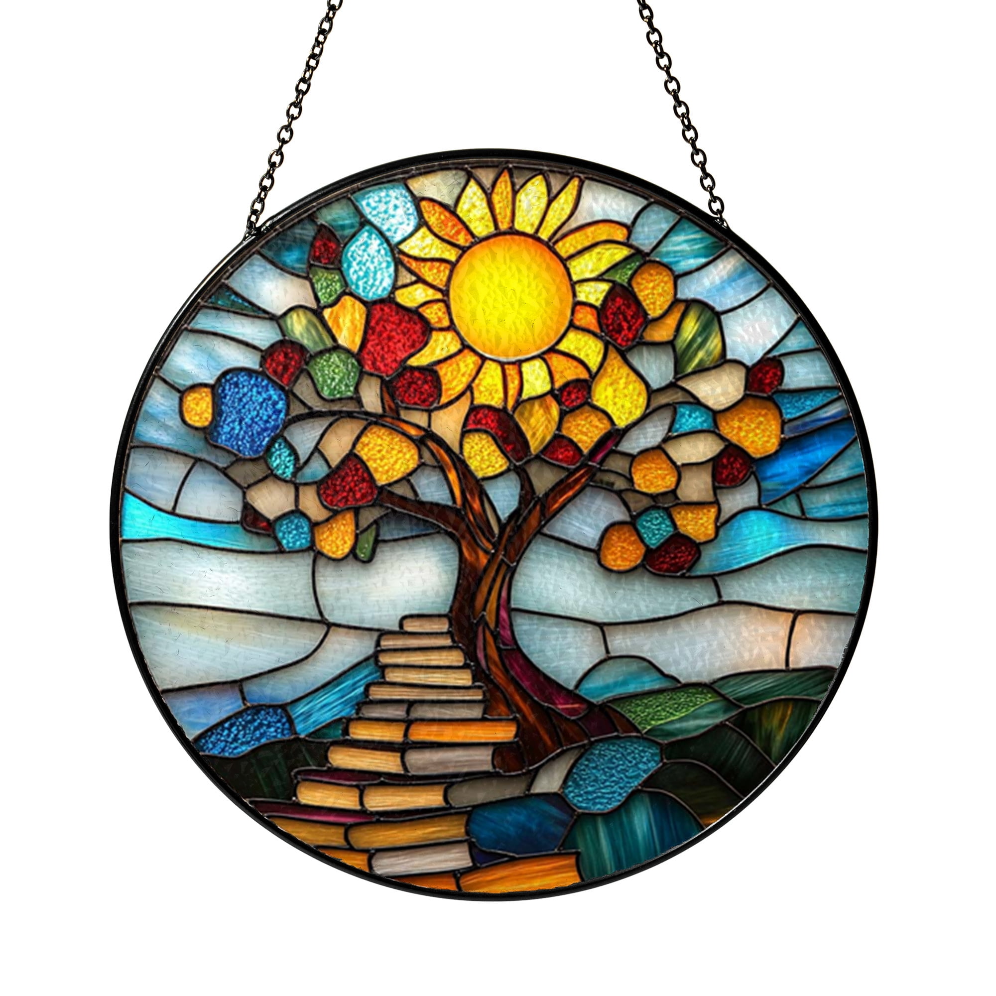 Book Tree Round Suncatcher – Stained Glass Style Reading Window Decor ...