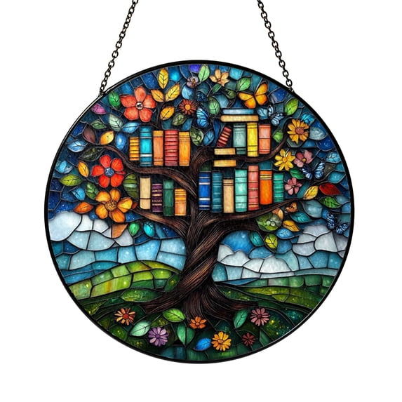 Book Tree Stained Glass Style Window Hanging - Walmart.com