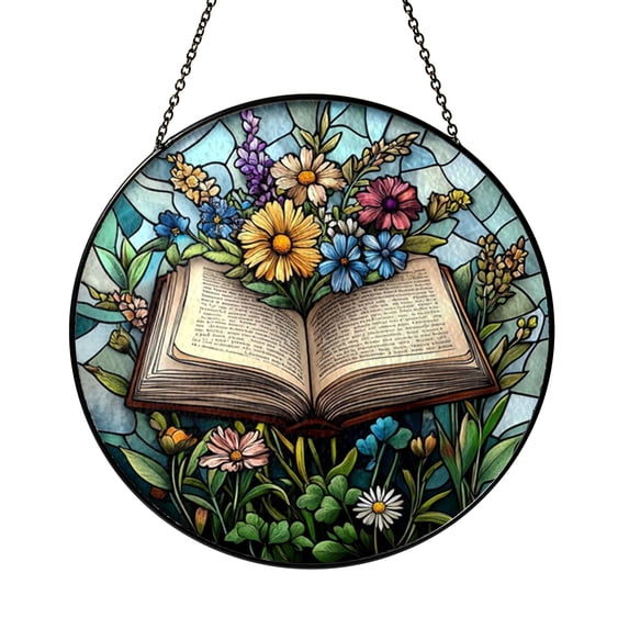 Book and Blooming Wildflower Stained Glass Decorative Window Suncatcher ...