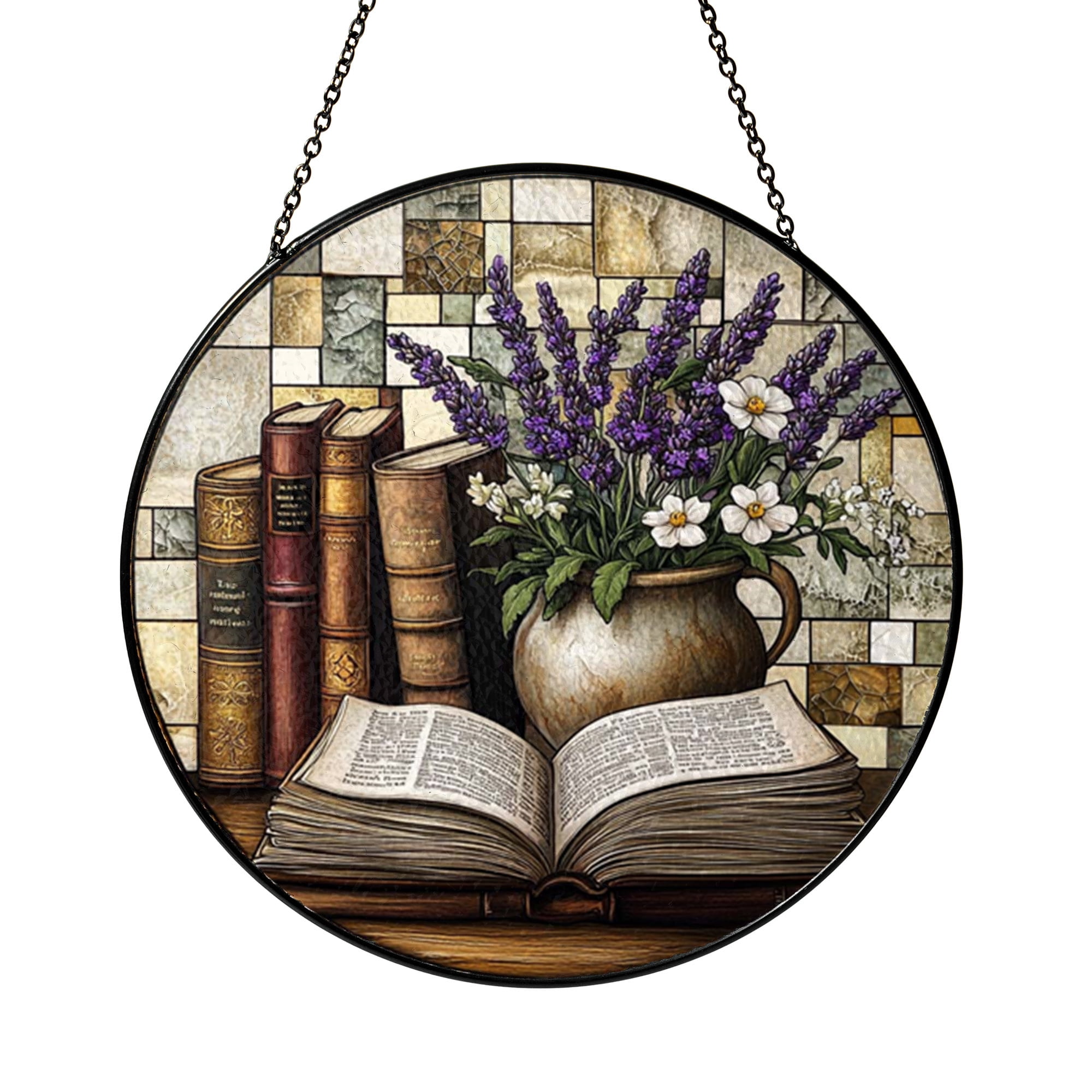 Book and Floral Garden Stained Glass Style Window Hanging Decor Accent ...