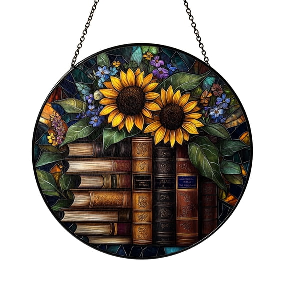 Book and Flower Stained Glass Style Suncatcher Window Hanging, Literary ...