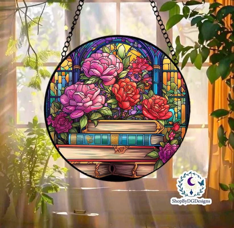 Book and Flower Stained Glass Suncatcher, Colorful Hanging Window Decor ...