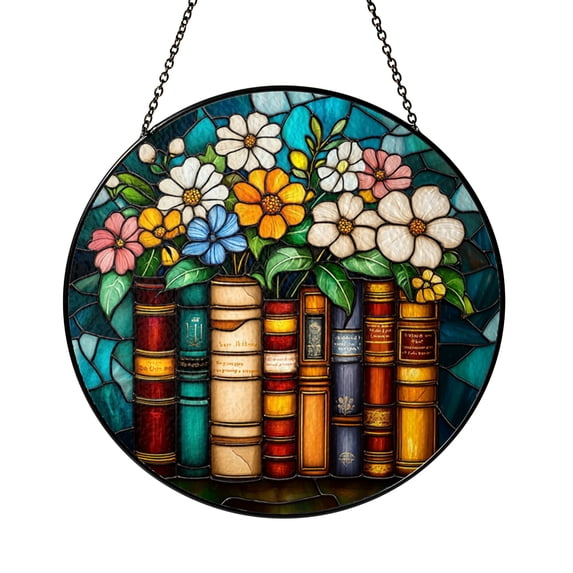 Book and Flower Stained Glass Suncatcher Window Hanging, Colorful ...