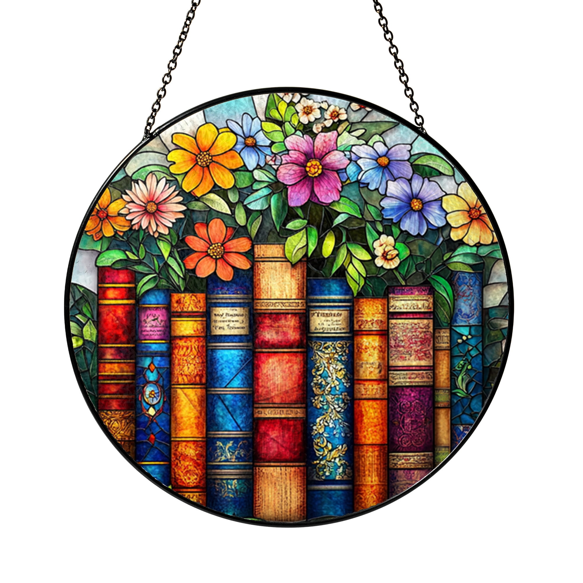 Book and Flower Sun Catcher Stained Glass Style Window Hanging Literary ...