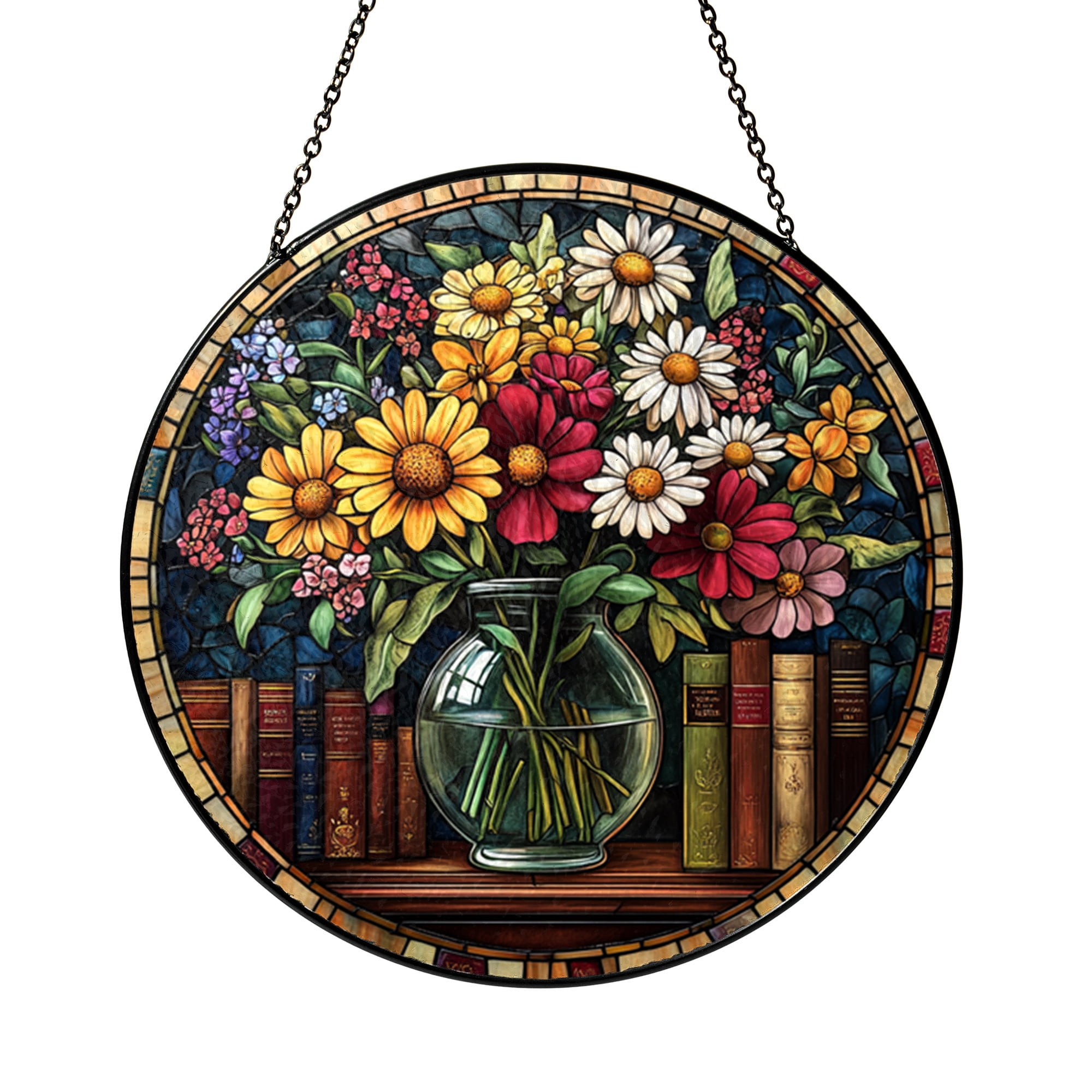 Book and Flower Theme Fantasy Stained Glass Window Hanging, Decorative ...