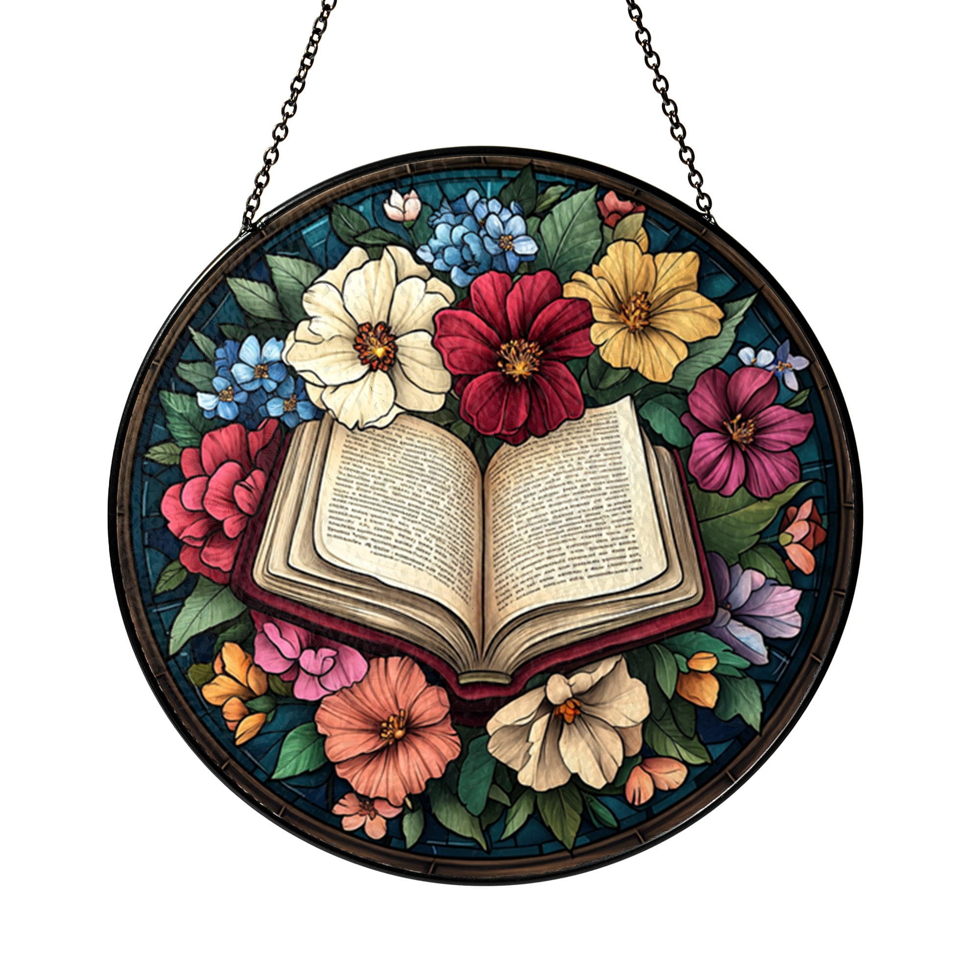 Book and Flowers Stained Glass Suncatcher – Colorful Round Window ...