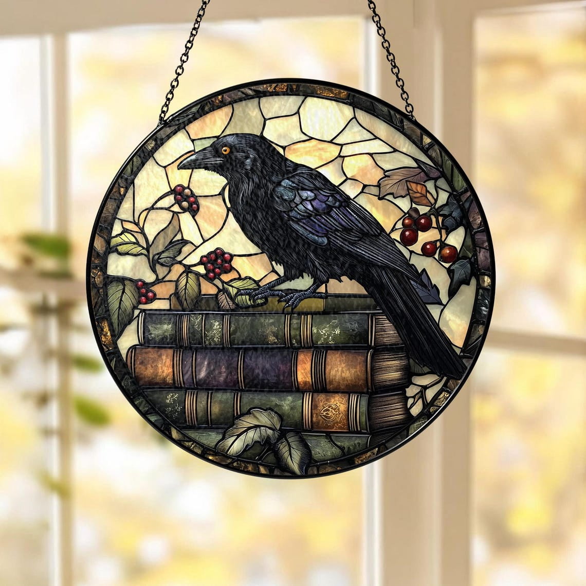 Book and Raven Glass Suncatcher, Gothic Library Window Art, Book Lover ...
