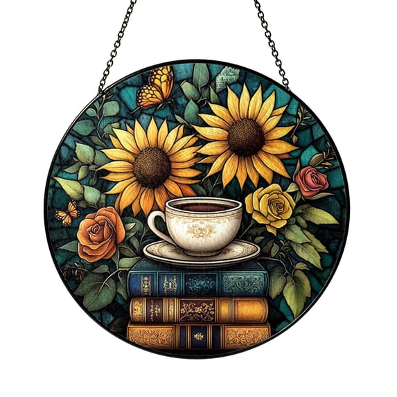 Book and Tea Faux Stained Glass Suncatcher, Cozy Window Hanging Decor ...