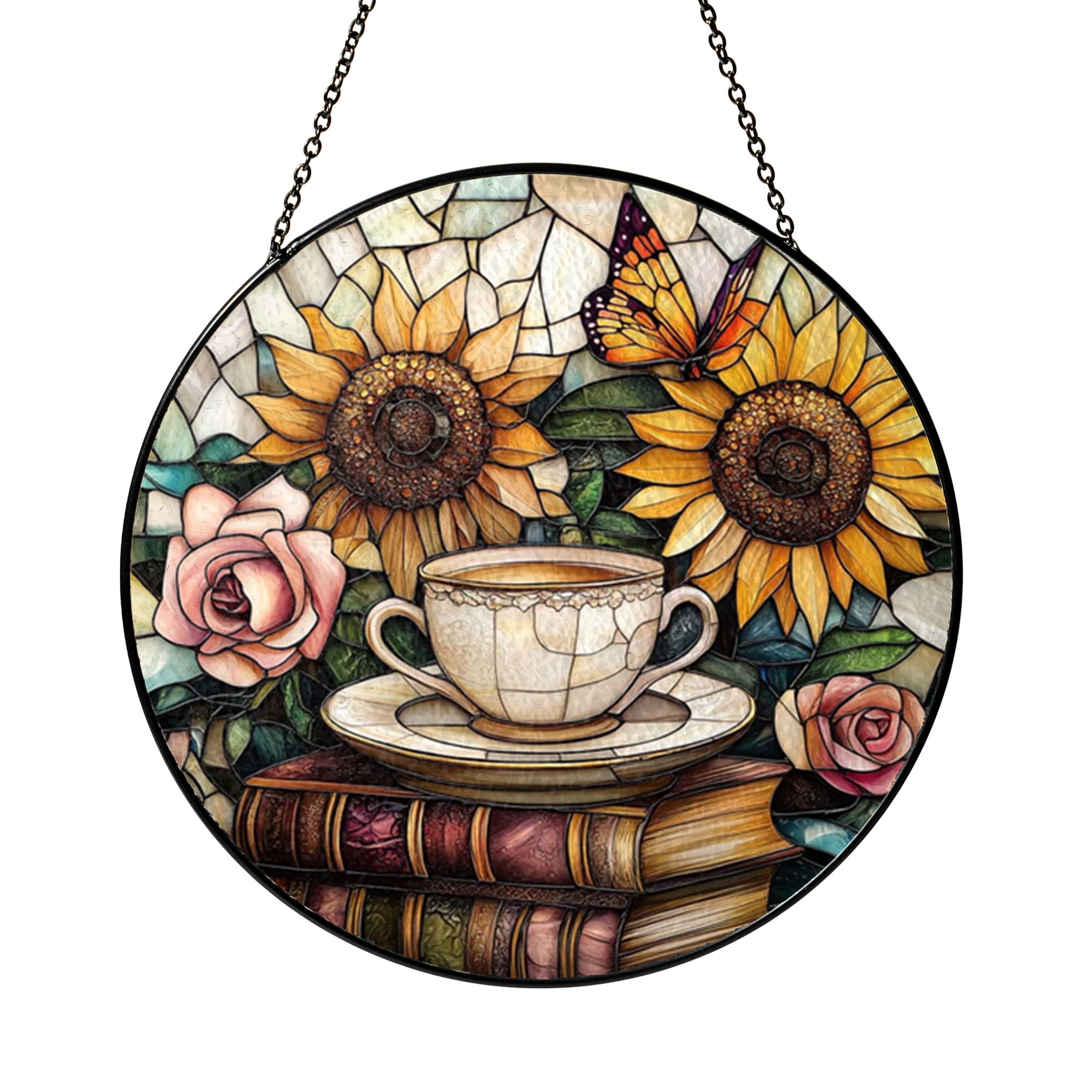Book and Tea Stained Glass Style Suncatcher, Window Hanging Decor for ...