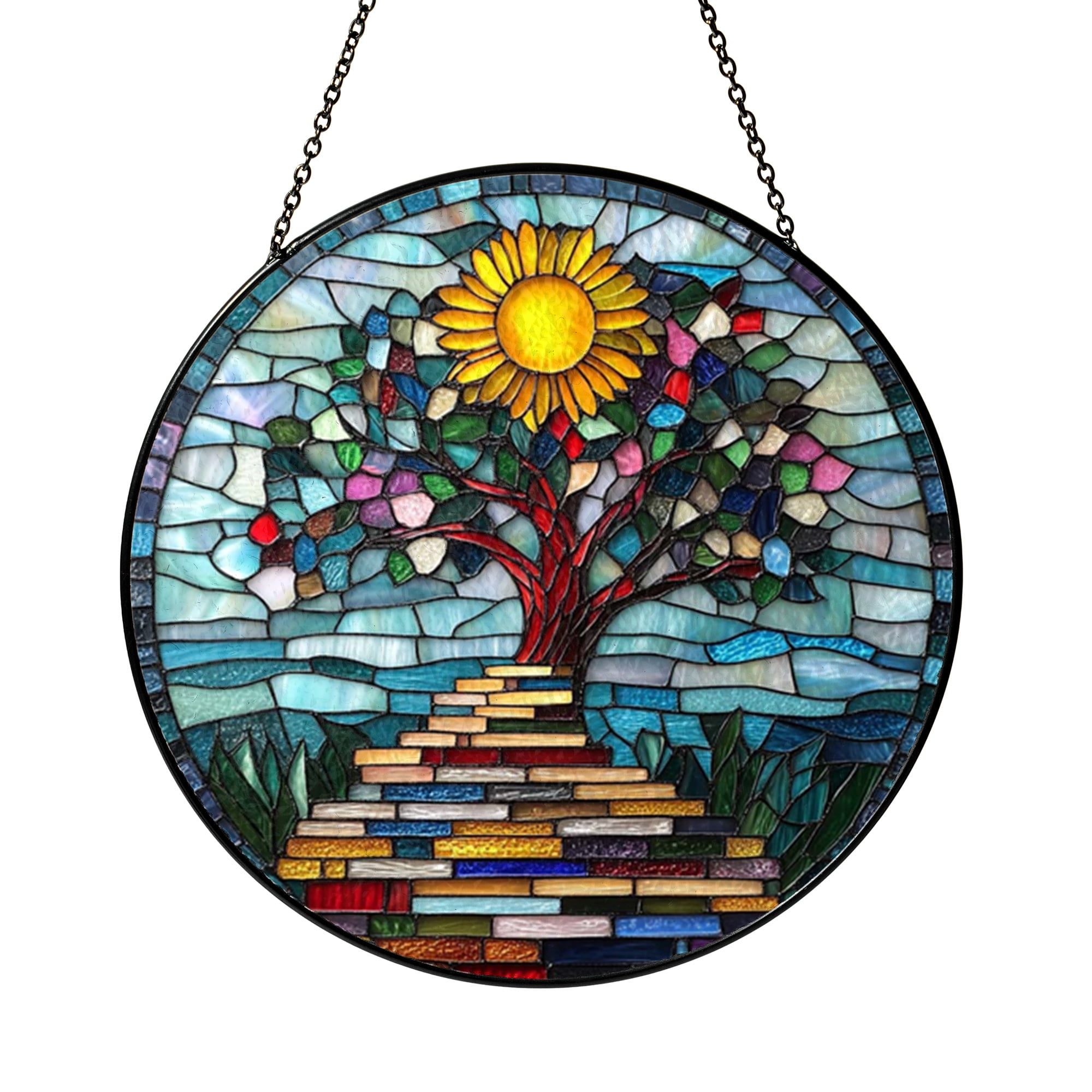 Book and Tree Scene Round Suncatcher – Stained Glass Style Window ...