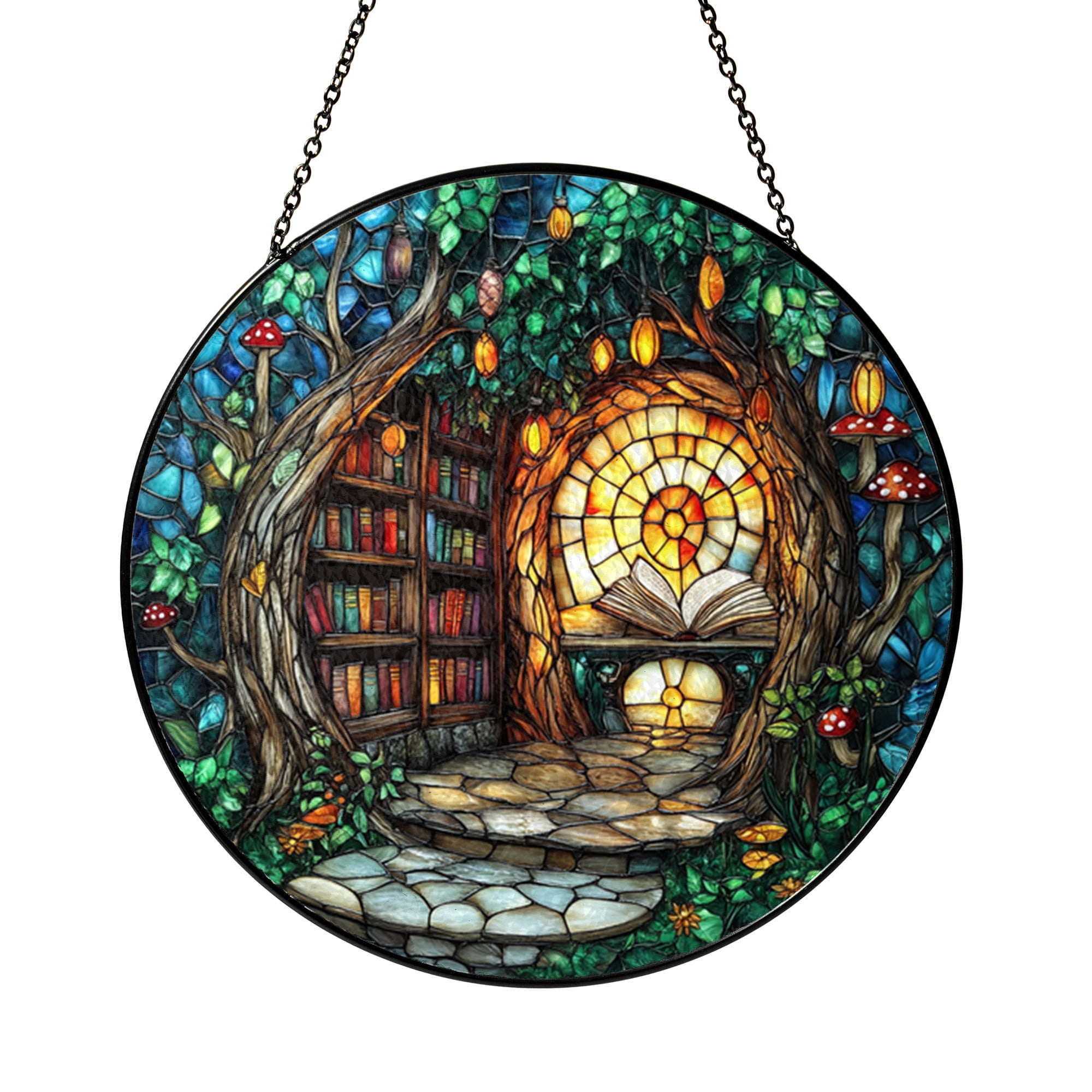 Book nook stained glass suncatcher, round library window panel with ...