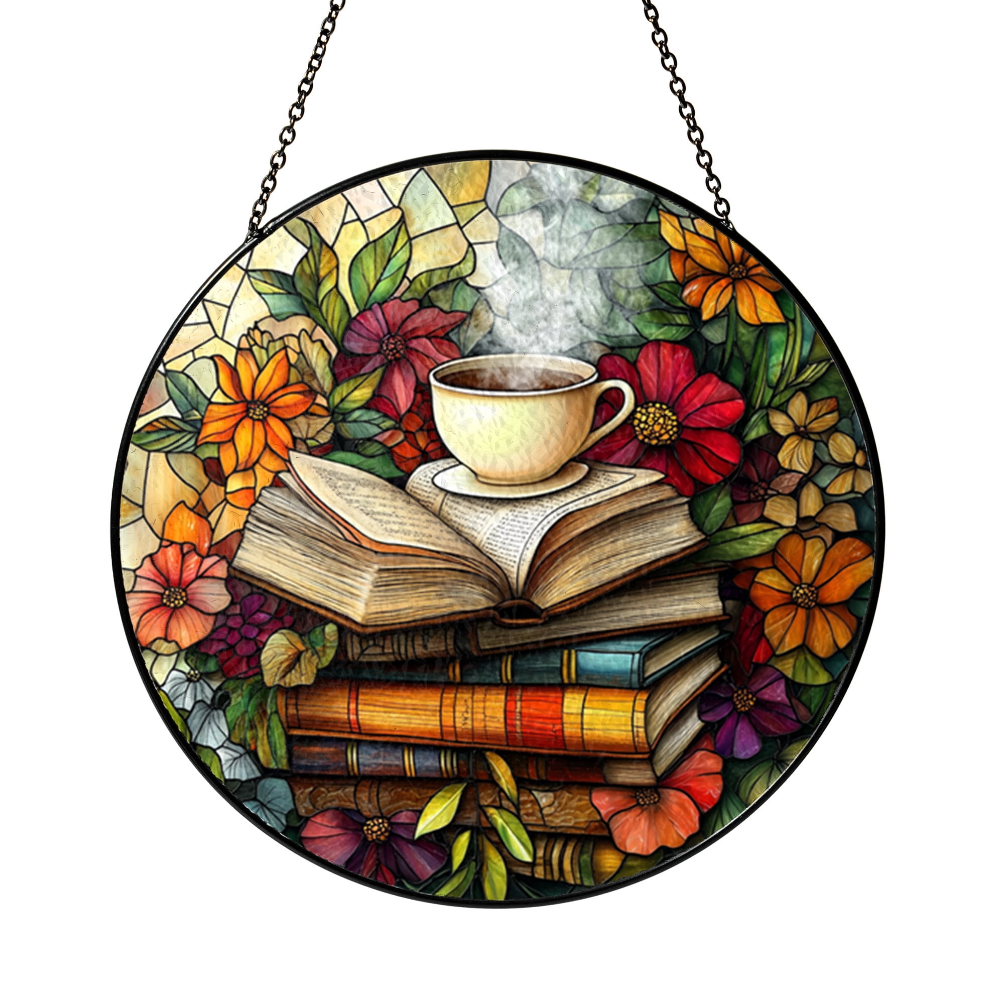Book shelf stairway stained style panel, vibrant boho window ornament ...