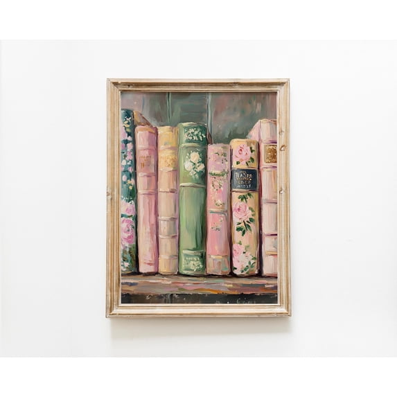Book stack art pastel bookshelf decor grandmillennial floral books ...