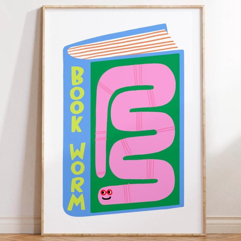 Book worm print, reading print, book print, book nook print, nursery ...