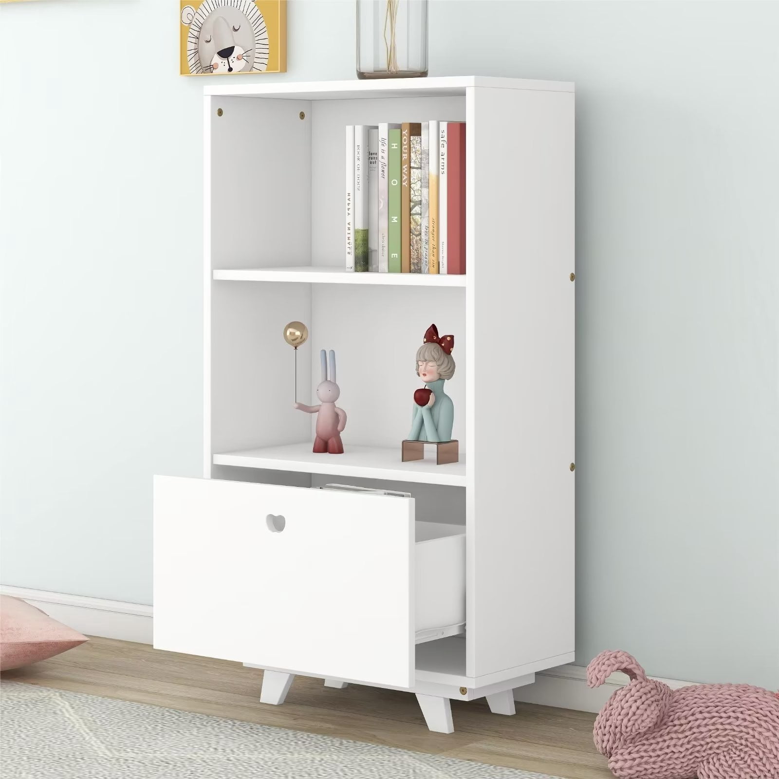 Bookcase with 1 Drawer and 2 Open Shelves, Wood Storage Cabinet with ...