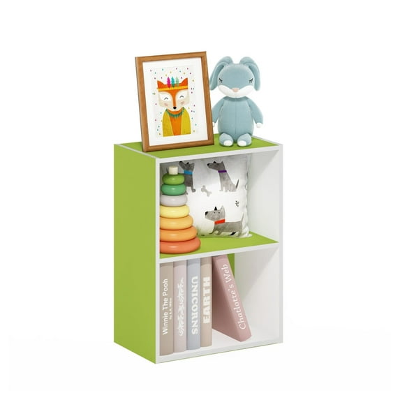 Bookcase 2 Tier Open Shelf, Green White - Small Bookshelf for Living ...