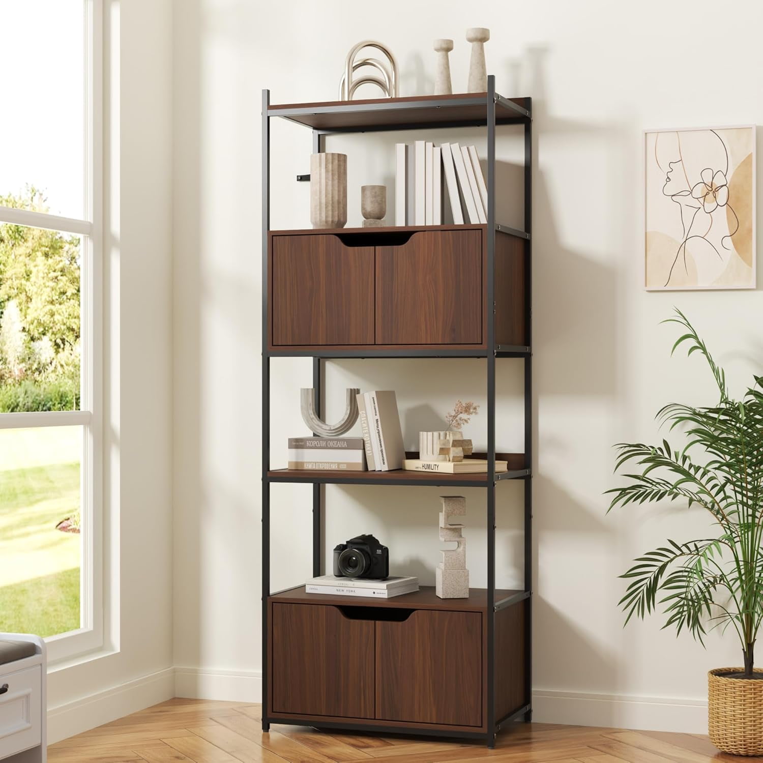 Bookcase with 4 Doors, 63" Tall Bookshelf with Storage Cabinet, 6 Tier ...