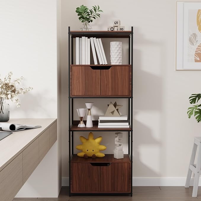 Bookcase with 4 Doors, 63" Tall Bookshelf with Storage Cabinet, 6 Tier ...