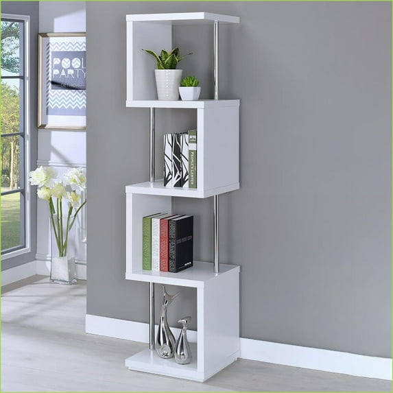 Bookcase, 4-Tier Modern White & Chrome, Wood + Metal Space-Saving ...