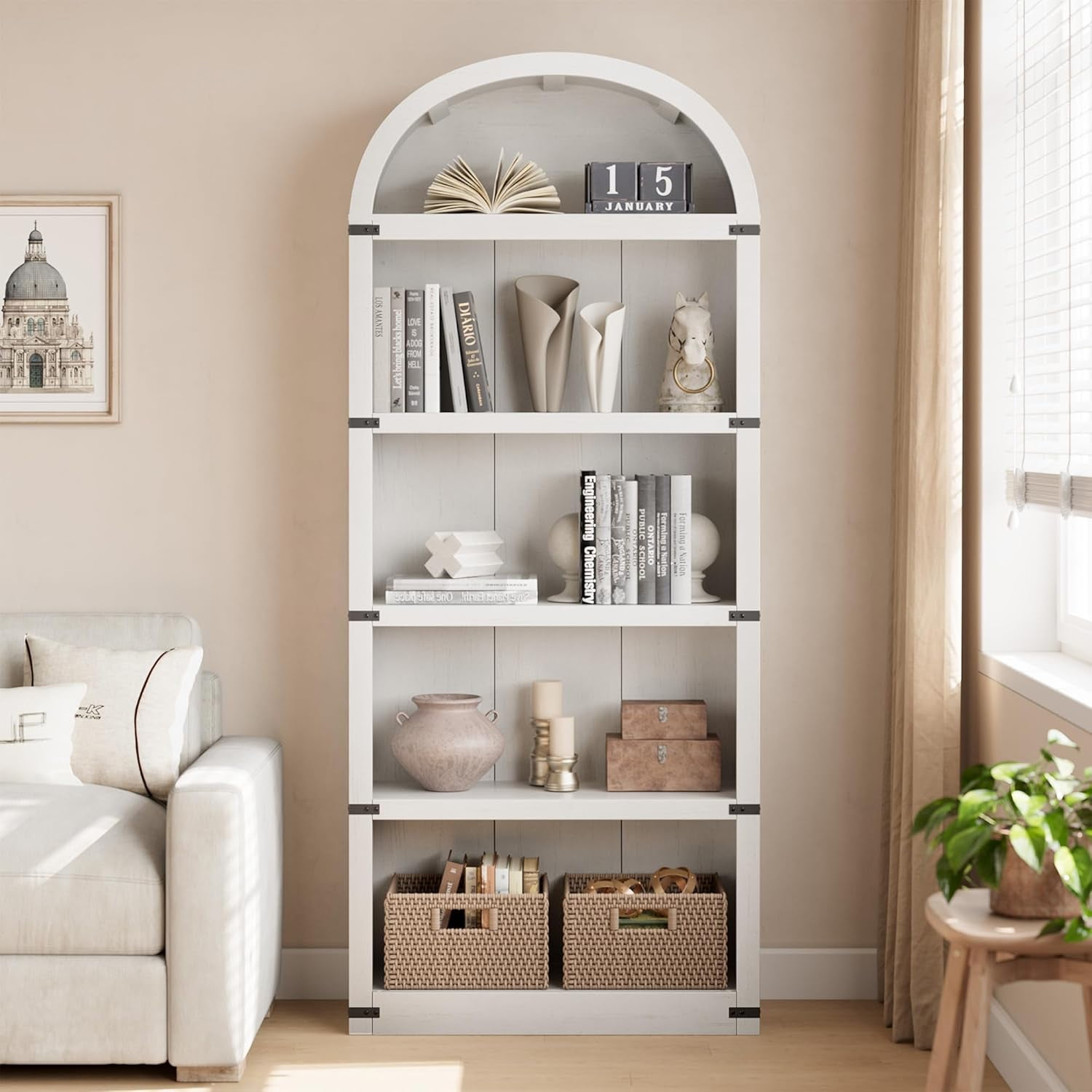 Bookcase 5 Shelf Arched Bookshelf 71.65in Tall Bookcase Farmhouse ...
