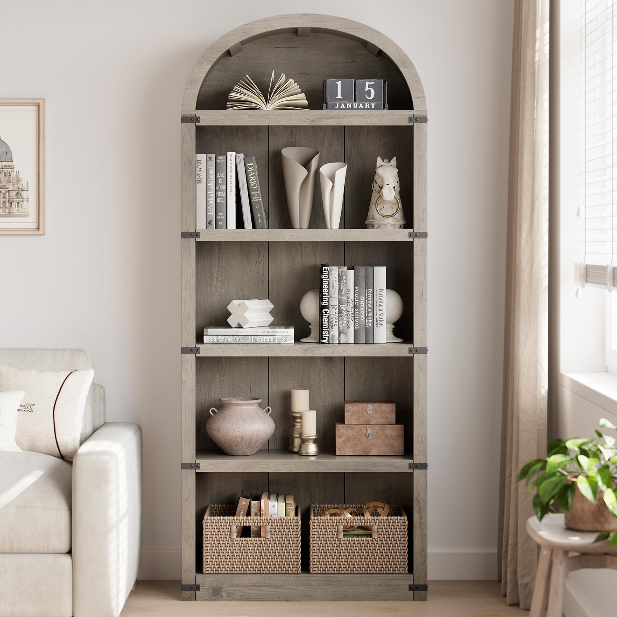 Bookcase 5 Shelf Arched Bookshelf 71.65in Tall Bookcase Farmhouse ...