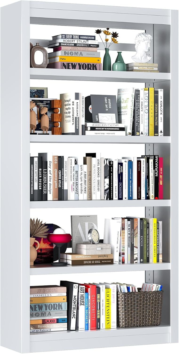 Bookcase, 5-Shelf Industrial Bookshelf, Large Storage Space, Adjustable ...