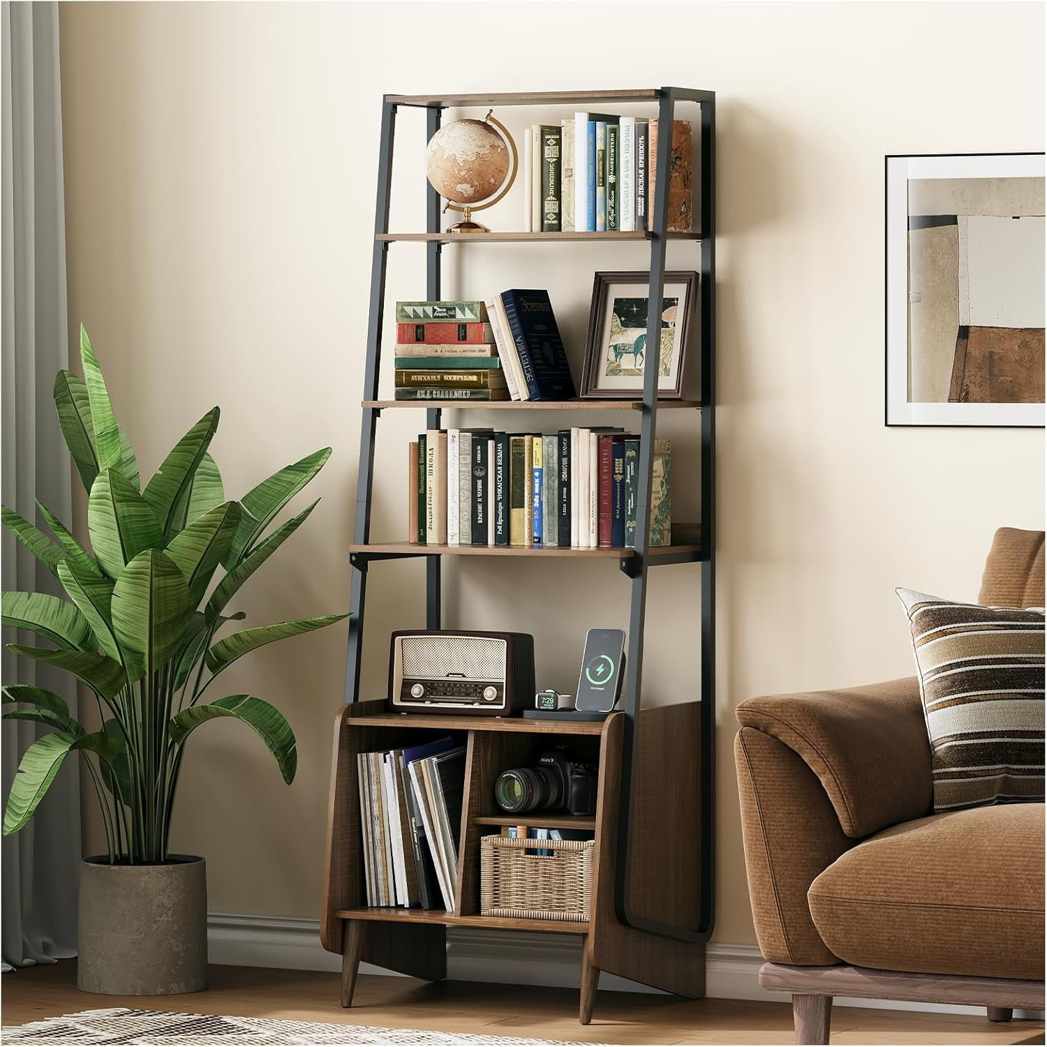 Bookcase with 5-Tier, Ladder Bookshelf with Cabinet and Adjustable ...