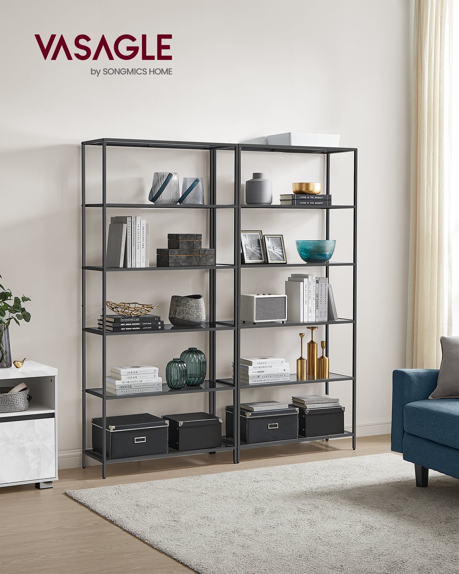 Bookcase, 6-Tier Bookshelf, Slim Shelving Unit Tempered Glass, Steel ...