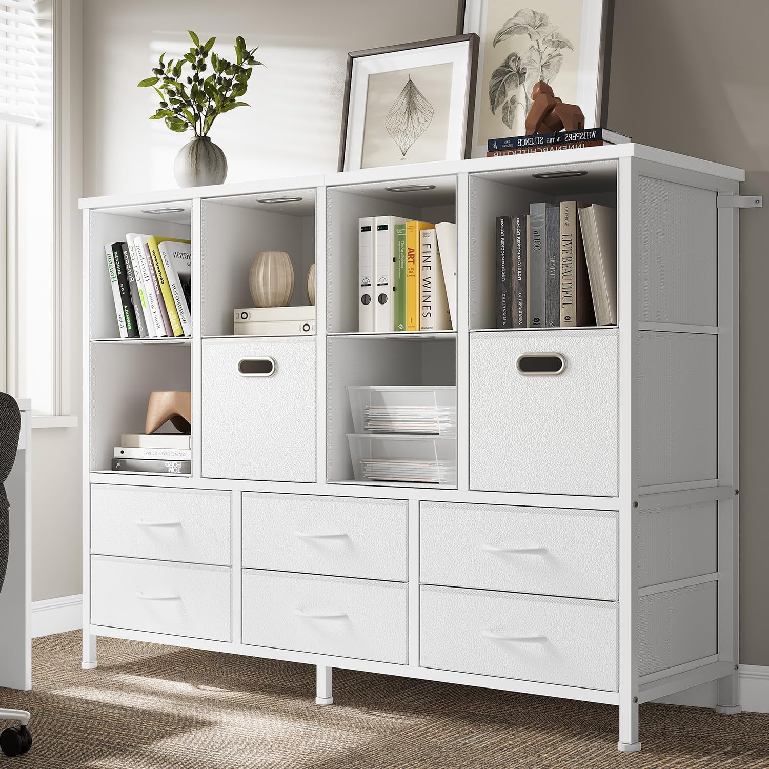 Bookcase, 8-Cube Storage Bookshelf with 6 Fabric Drawers, DIY Cube ...